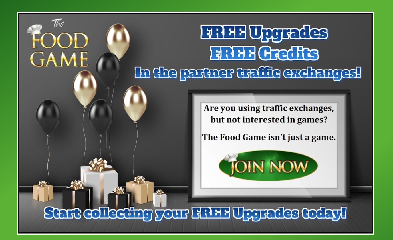 The Food Game splashpage: Free Upgrades and Credits